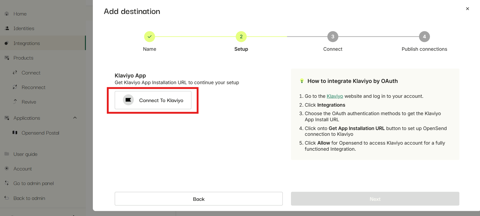 How do I integrate Opensend Connect into Klaviyo?