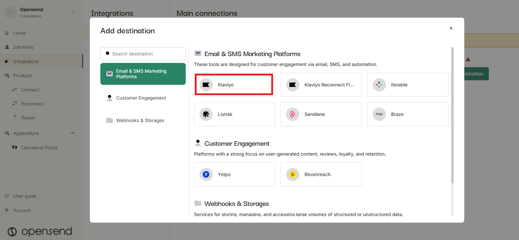 How do I integrate Opensend Connect into Klaviyo?