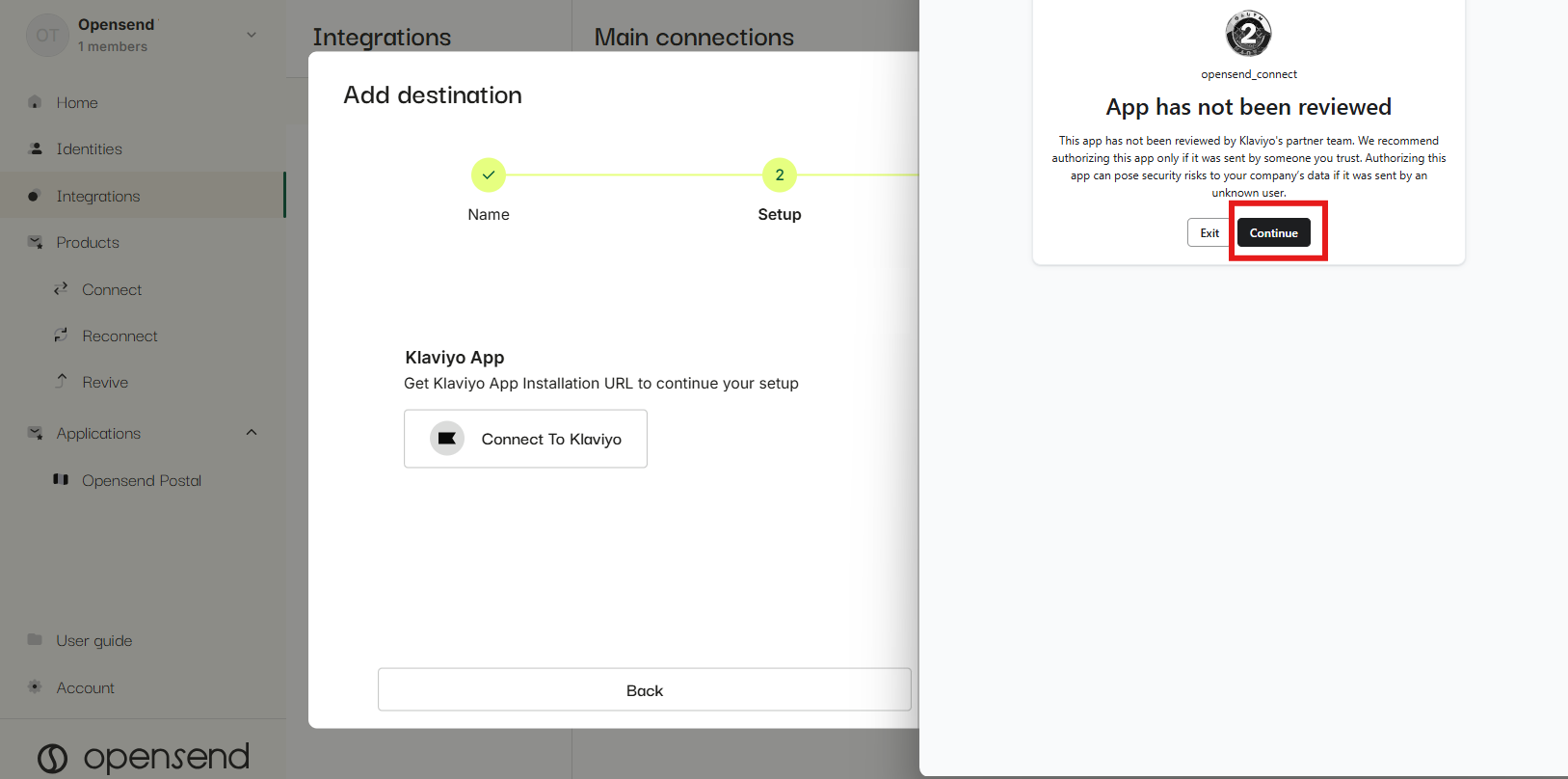 How do I integrate Opensend Connect into Klaviyo?