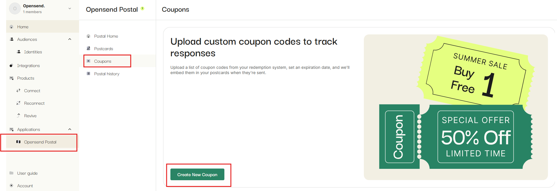 How do I upload coupons in Opensend to use in an HTML Postal template?
